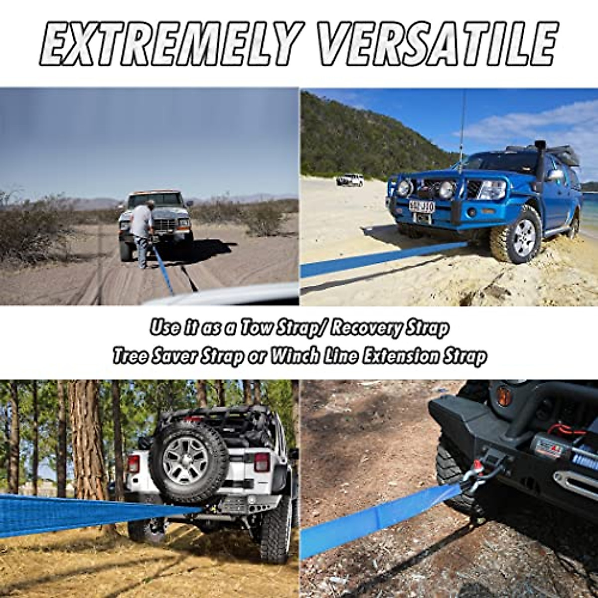 Cartman 2" x 20' Tow Belt Heavy Duty 10,000Lbs Tow Strap Off Road Towing Rope with Reinforced Loops for Recovery Vehicles