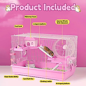 kathson Hamster Cages and Habitats Large Gerbil Cage with Accessories Hut Exercise Wheel Water Bottle Bowl Bathtub Small Animal Basic Cage for Syrian Hamster，3- Levels，22" L x 12.5" W x 14" H，Pink