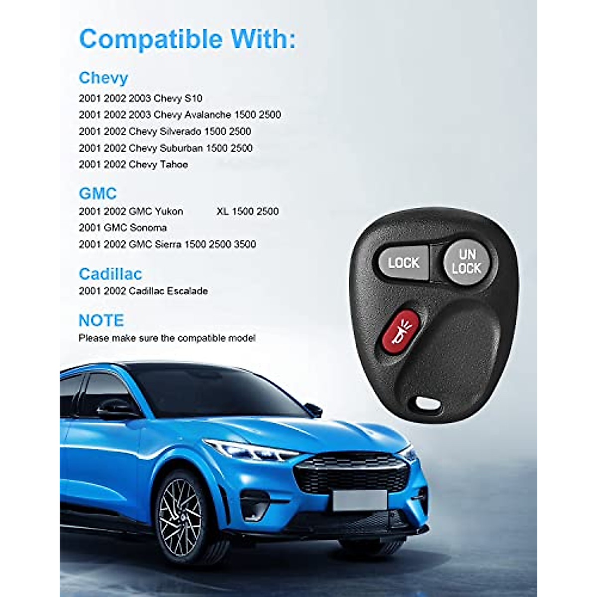 Keyless Entry Remote Control Car Key Fob Replacement for Chevy S10 Silverado Suburban Avalanche Tahoe, GMC Yukon Sonoma Sierra, Cadillac Escalade, 3 Button KOBLEAR1XT (2 Pack)