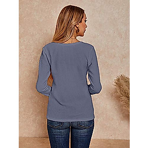 Womens V Neck Shirts Long Sleeve Waffle Knit Loose Fitting Warm Tee Tops Pullover Sweaters (Medium, Dark Blue)