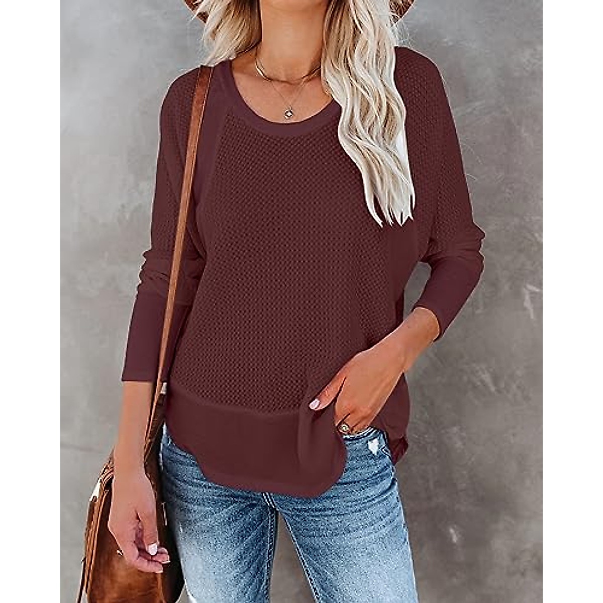 SOLERSUN Womens Waffle Knit Tops Long Sleeve Crewneck Casual Loose Blouses Lightweight Pullover Jumper 2023 Fall Jujube red M