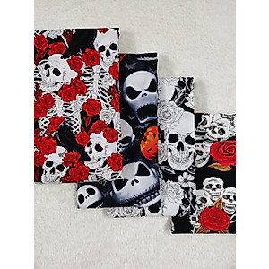 PUMCRAFT Sewing Fabric 4pcs 30 X 25cm Rose Skeleton Skull Cotton Fabric Floral Ghost Halloween Sewing Clothing Tissue Telas Textile Patchwork Bundle DIY - 30cm X 25cm Fabric Patchwork Craft