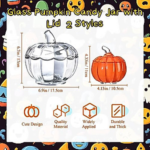 Dandat 2 Pcs Halloween Glass Pumpkin Jar with Lid 2 Sizes Halloween Candy Bowl Cute Snack Jar Crystal Candy Dish for Home Decoration Fall Thanksgiving Centerpieces Wedding Party, Clear and Orange
