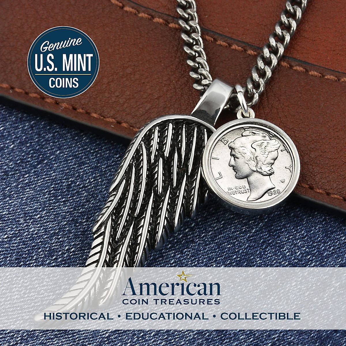 American Coin Treasures Coin Pendant Mercury Dime Wing Stainless Steel With 23 inch S-Curb Chain Necklace