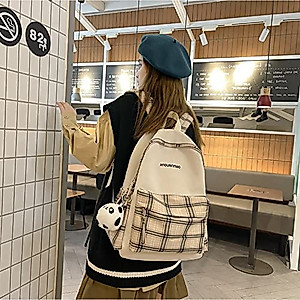Kawaii Plaid Backpack with 1 Free Cute Panda Pendant for Girls Teens Criss Corss Aesthetic Daypack Satchel (Beige)