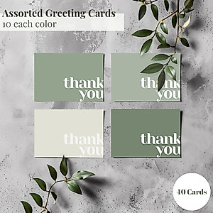 Paper Play Thank You Cards Bulk Pack of 40 Green, 5x3.5 Inches with Matching Stickers & Envelopes, Minimalistic Design Suitable for Business, Baby Shower, Wedding, Small Business, Graduation, Funeral