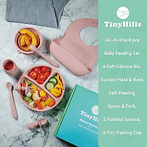 Silicone Baby Feeding Set, Baby Led Weaning Supplies - Suction Plate and Bowl, Self Feeding Spoon and Fork, 2 Bendable Spoons, Tiny Cup, Bib, First Stage Eating Utensils, Baby Dishes