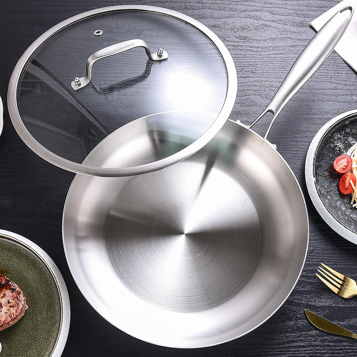 LOLYKITCH 12 Inch Tri-ply 18/8 Stainless Steel Chef's Pan,Frying Pan with Lid,Skillet,Induction Cooking Pan,Pot and Pan Set,Dishwasher and Oven Safe,Detachable Handle.