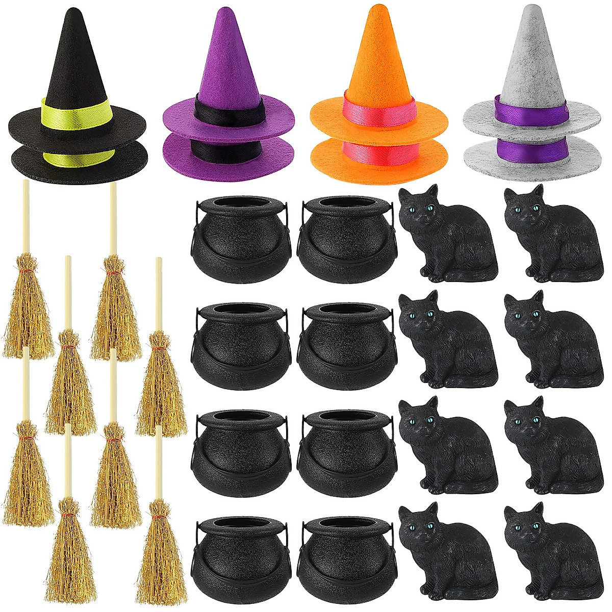 Deekin 32 Pcs Halloween Mini Witch Hats, Mini Witches Broom, Candy Cauldron Kettles and Black Kitten Figurines for Craft