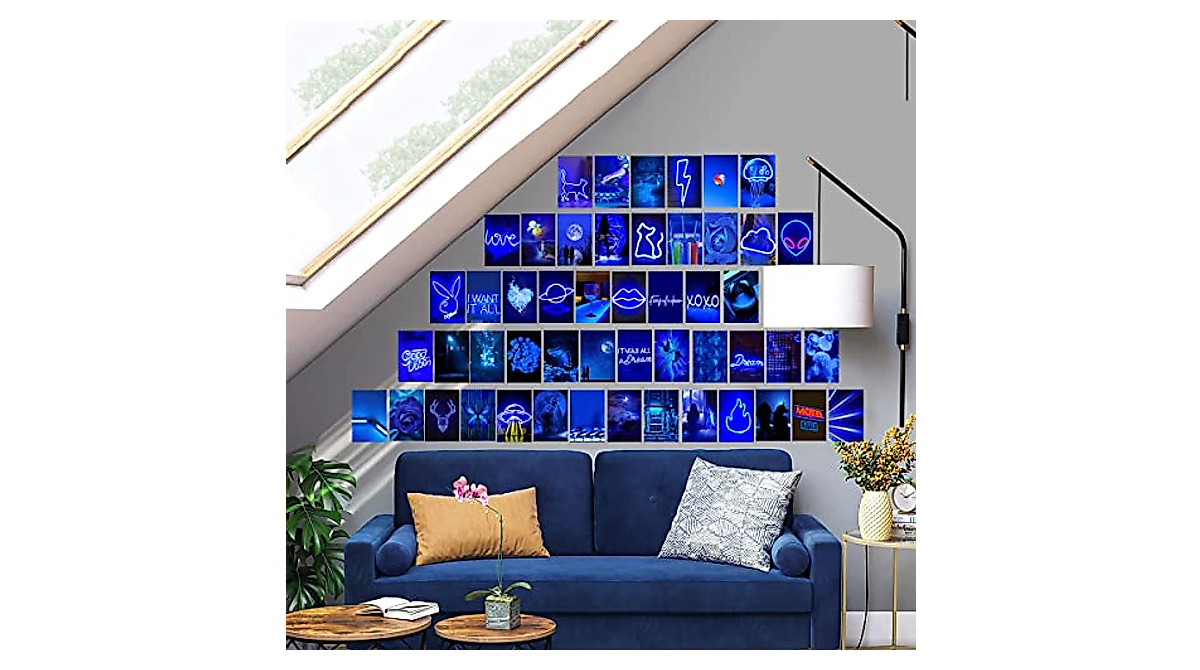 Blue Neon Wall Collage Kit - 50 Aesthetic Posters for Teen Bedrooms