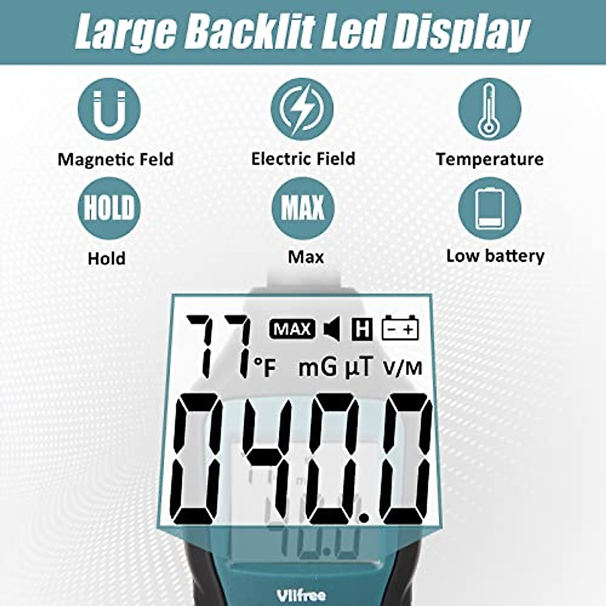 EMF Meter 5HZ-3.5G, Vlifree EMF Detector with Digital LCD Backlit Display for Electromagnetic Field 5HZ-3500MHz, Electronic Radiation, Temperature Detector, EMF Tester for Home, Ghost Hunting