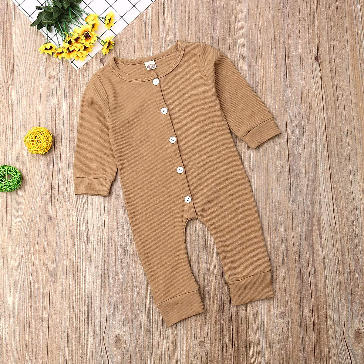 Kuriozud Newborn Infant Unisex Baby Boy Girl Long Sleeve Button Solid Knitted Romper Bodysuit One Piece Jumpsuit Summer Outfits Clothes (Long Sleeve Jumpsuit Brown, 0-3 Months)