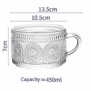 LUECMO Vintage Coffee Tea Cups [2 Pack], 14 oz Glass Tea Coffee Mugs, Clear Embossed Glass Cups for Cappuccino, Latte,Cereal, Yogurt, Beverage (Transparent)
