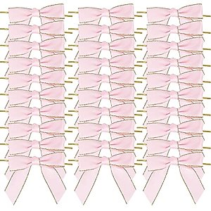 AIMUDI Pink Twist Tie Bows for Treat Bags 3.5" Premade Pink and Gold Bows for Crafts Pre-Tied Pink Bows for Baby Shower, Cello Bags, Wedding Favors, Gift Wrapping, Party Decorations, 50 Counts