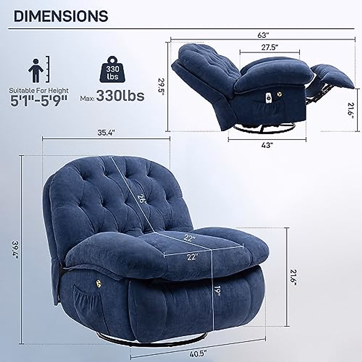YI DANICA Recliner Chair with Massage Rocker Swivel Heated Modern Ergonomic Lounge 360 Degree Single Sofa Seat Living Room Sponge Filling USB Charge Port