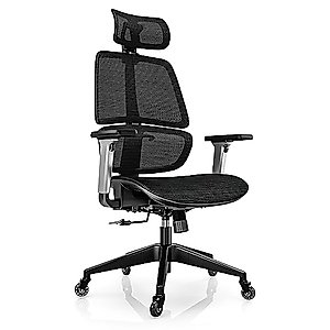 LINSY HOME High-Back Office Chair, Swivel Ergonomic Task Chair with Adjustable Headrest and Arms, Lumbar Support and PU Wheels, Computer Mesh Chair for Home Office, Black