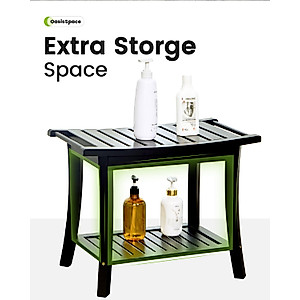 OasisSpace Bamboo Shower Bench with Storage Shelf, 24" Black Shower Stool for Inside Shower Waterproof, Spa Seat Bath Stool Organizer for Shaving Legs, Bathroom Shower Chair for Adults Elderly