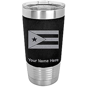 LaserGram 20oz Vacuum Insulated Tumbler Mug, Flag of Puerto Rico, Personalized Engraving Included (Faux Leather, Black)
