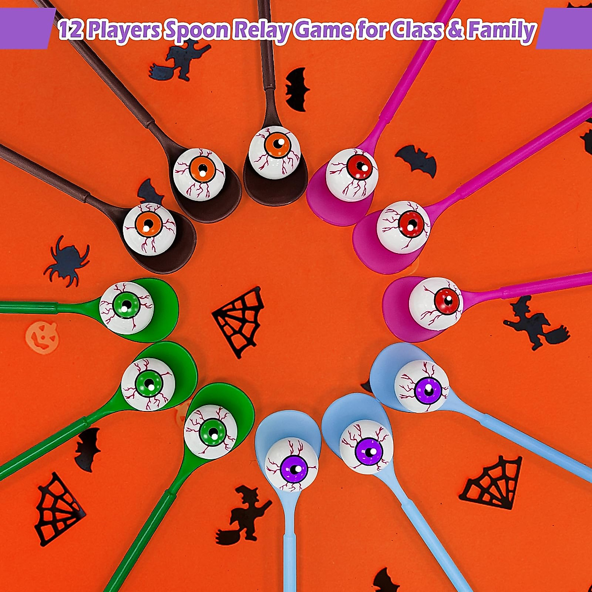 AMENON 12 Player Halloween Games, 12 Halloween Eyeball Egg & 12 Spoon Race Game for Kids Adults, Halloween Party Favors Supplies, Halloween Party Game Toys Outdoor Classroom Carnival Games Treats Gift