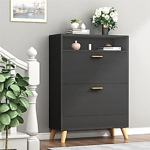 Gyfimoie Shoe Storage Cabinets, Free Standing Shoe Organizer with 2 Flip Drawers for Entryway, Narrow 3 Tier Entryway Hidden Shoe Rack with Doors (Black)