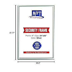 M&T Displays Security Snap Poster Frame 1" Aluminum Profile, Front Loading, Picture, Photo, Document, Certificate, Sign Holder, Mitered Corner, Anti Glare Cover (Silver, 24x36 inch)