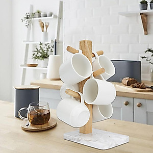WORHE Marble Mug Holder Thicker Base Coffee Cup Holder with 6 Hooks Stand for Countertop, Mug Stand Hanger for Coffee Bar Accessories and Decor Coffee Organizer Station White (WH032)