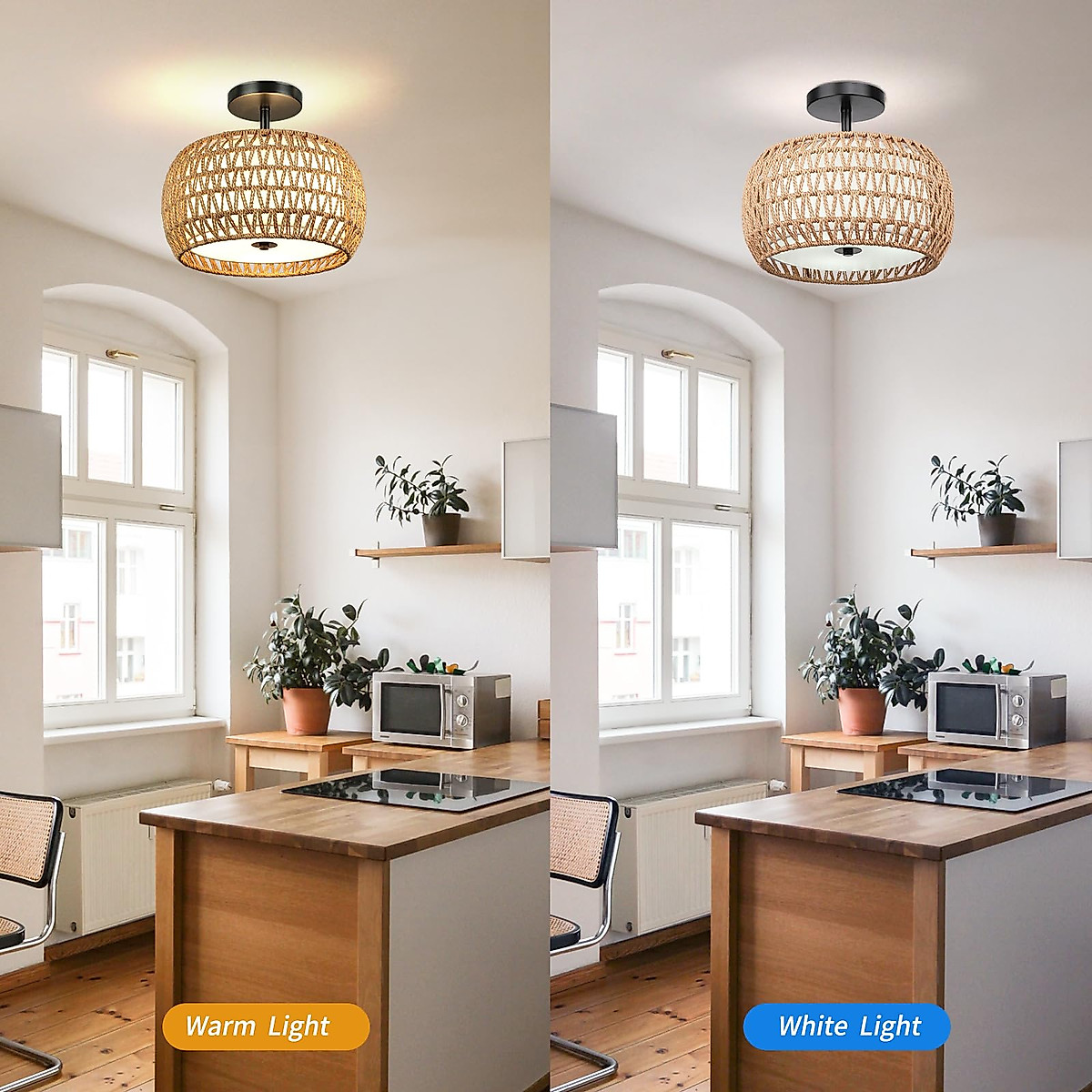 FRIDEKO HOME 3-Light Semi Flush Mount Ceiling Light - Woven Rattan Light Fixtures Ceiling Mount Boho Light Fixture with Fabric Shade Ceiling Light Fixture for Bedroom Kitchen Hallway Dining Room