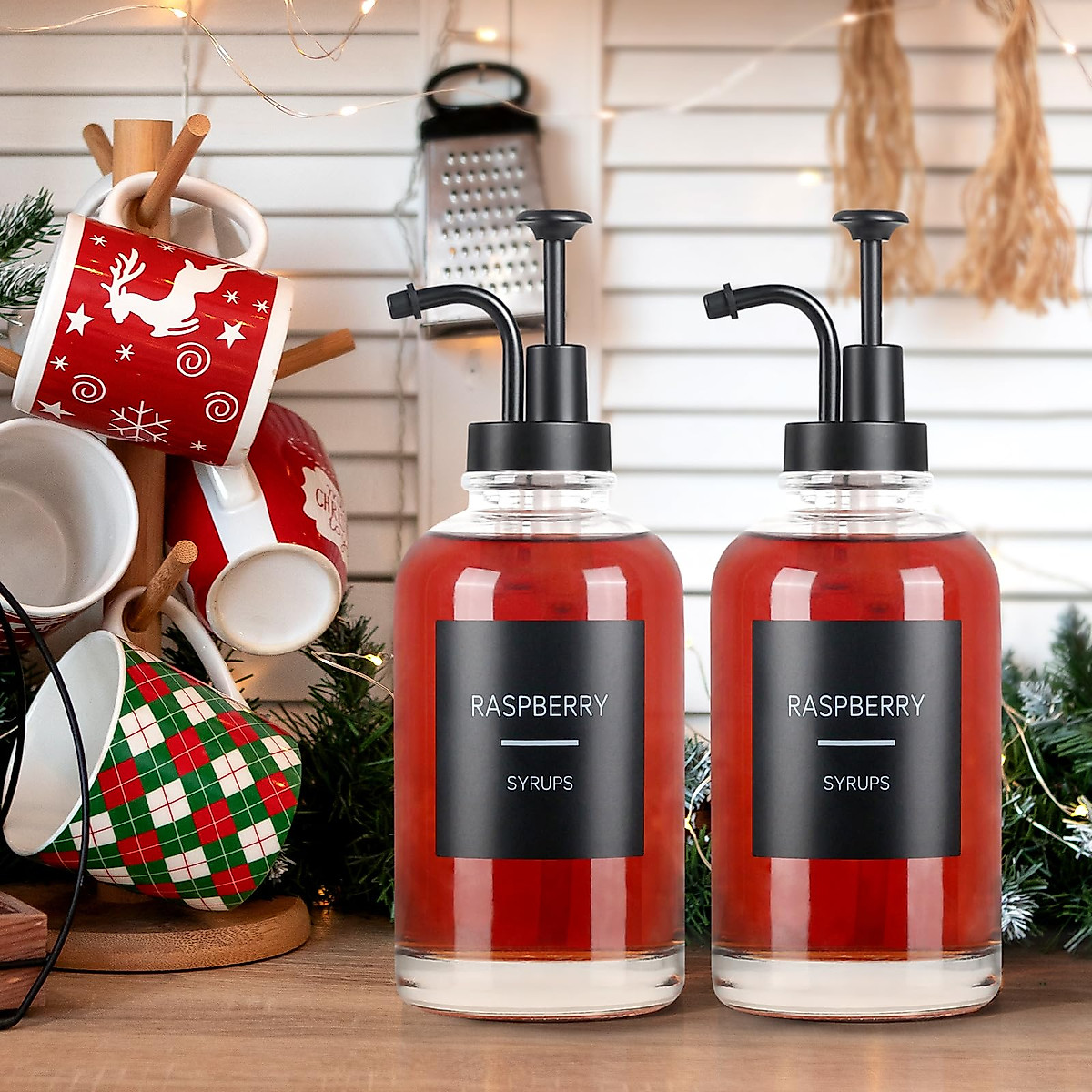 GYOSUGANG 4PCS Coffee Syrup Dispenser, Glass Syrup Dispenser for Coffee Bar w. Labels and Pump, 16.9 oz 500ml Syrup Pump Dispenser, Coffee Bar Accessories Simple Syrup Bottle w. Pump, Ideal Gift