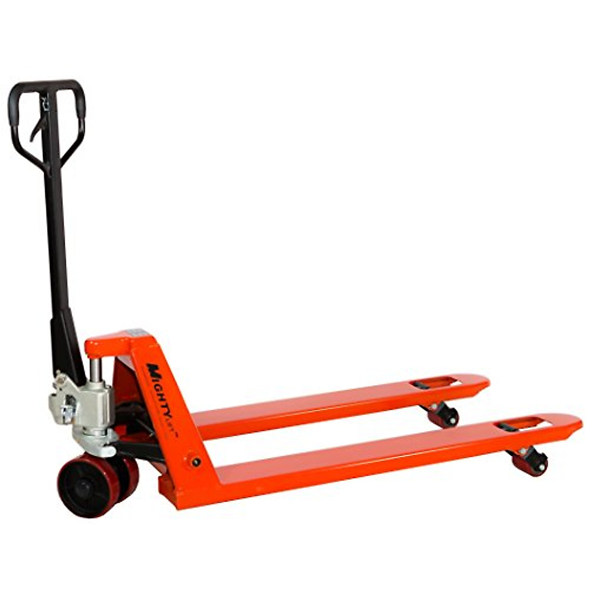 Mighty Lift ML55-2 Heavy Duty Pallet Jack Truck, Wheels: Polyurethane on Steel., 50" Height, 27" width, 48" Length, 5500 lbs. Load Capacity, Orange