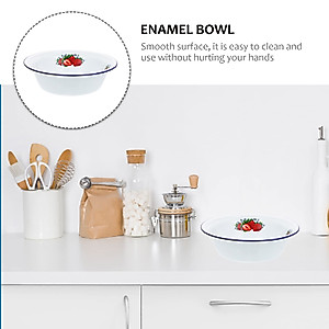 Yardwe Vintage Enamel Bowl Rustic Enamelware Basin Multi- Food Serving Bowl Blue Rim 7.9 Inch (Strawberry Pattern)