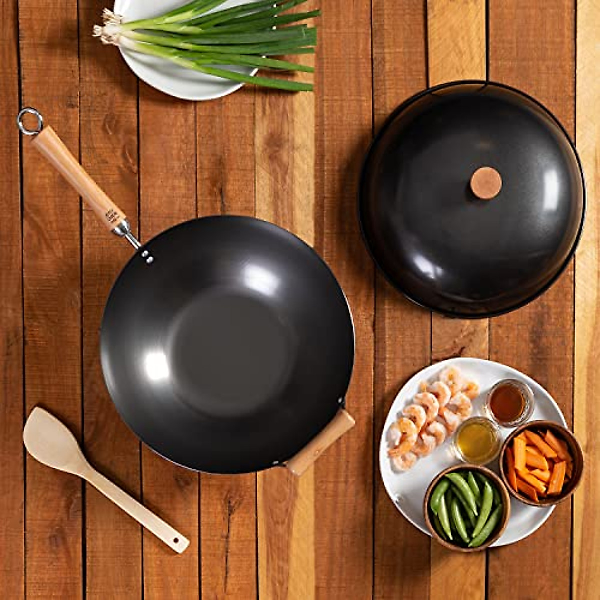 JOYCE CHEN Classic Series 14-Inch Carbon Steel Nonstick Wok Set with Lid and Birch Handles, 4 Pieces