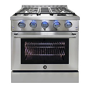 BRAMA Gas Range with 4 Burner Cooktop, Freestanding 30-Inch with Porcelain Convection Oven and Broil Function, Continuous Grates with Stainless Steel Construction, 4.2 Cu.Ft., Metallic