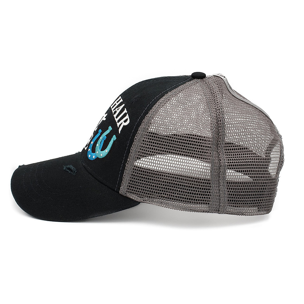 Lifecraft Barn Hair Dont Care Embroidered Distressed Womens Ponytail Trucker Hat Blue