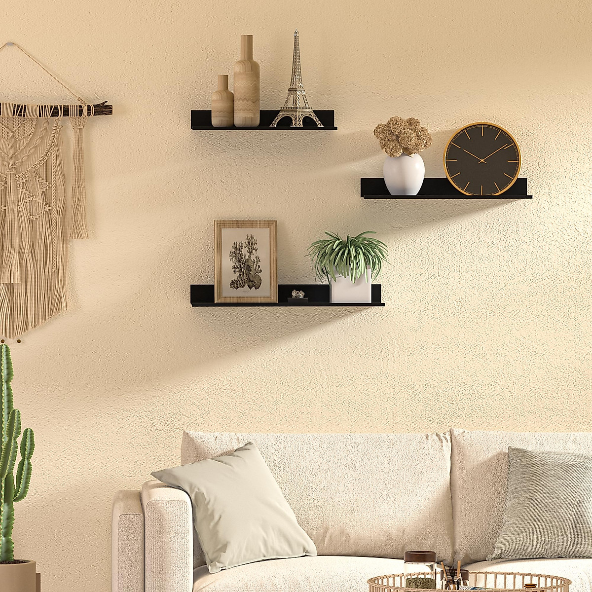 Wisfame Floating Shelves for Wall Set of 3, Black Metal Wall Shelves for Bathroom 11.8/13.8/15.7 in, Modern Small Adhesive Shelf for Living Room, Bedroom, Office, Kitchen