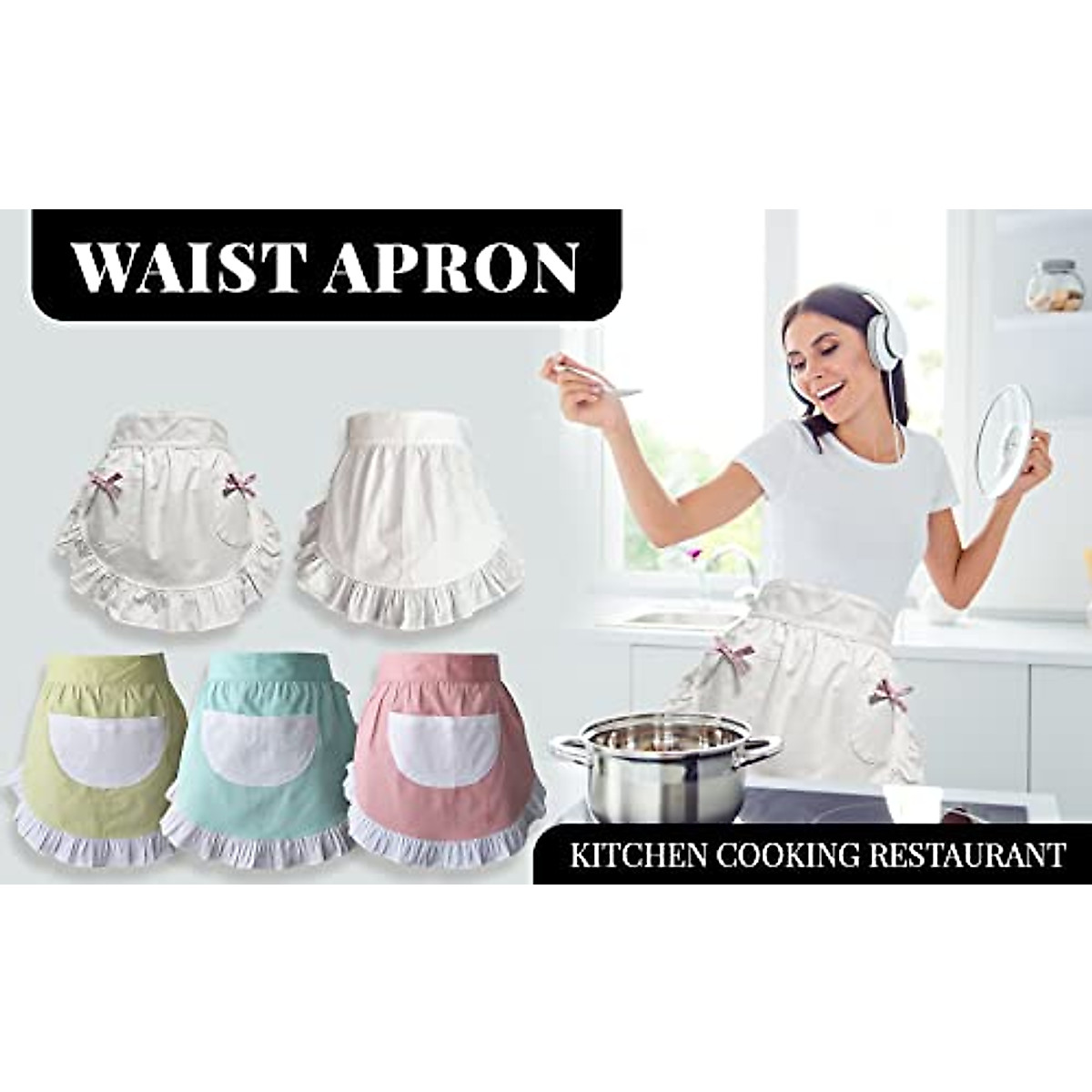 CRB Fashion Waist Apron Kitchen Cooking Restaurant 100% Cotton Bistro Half Aprons with Pockets For Girl Woman (White)