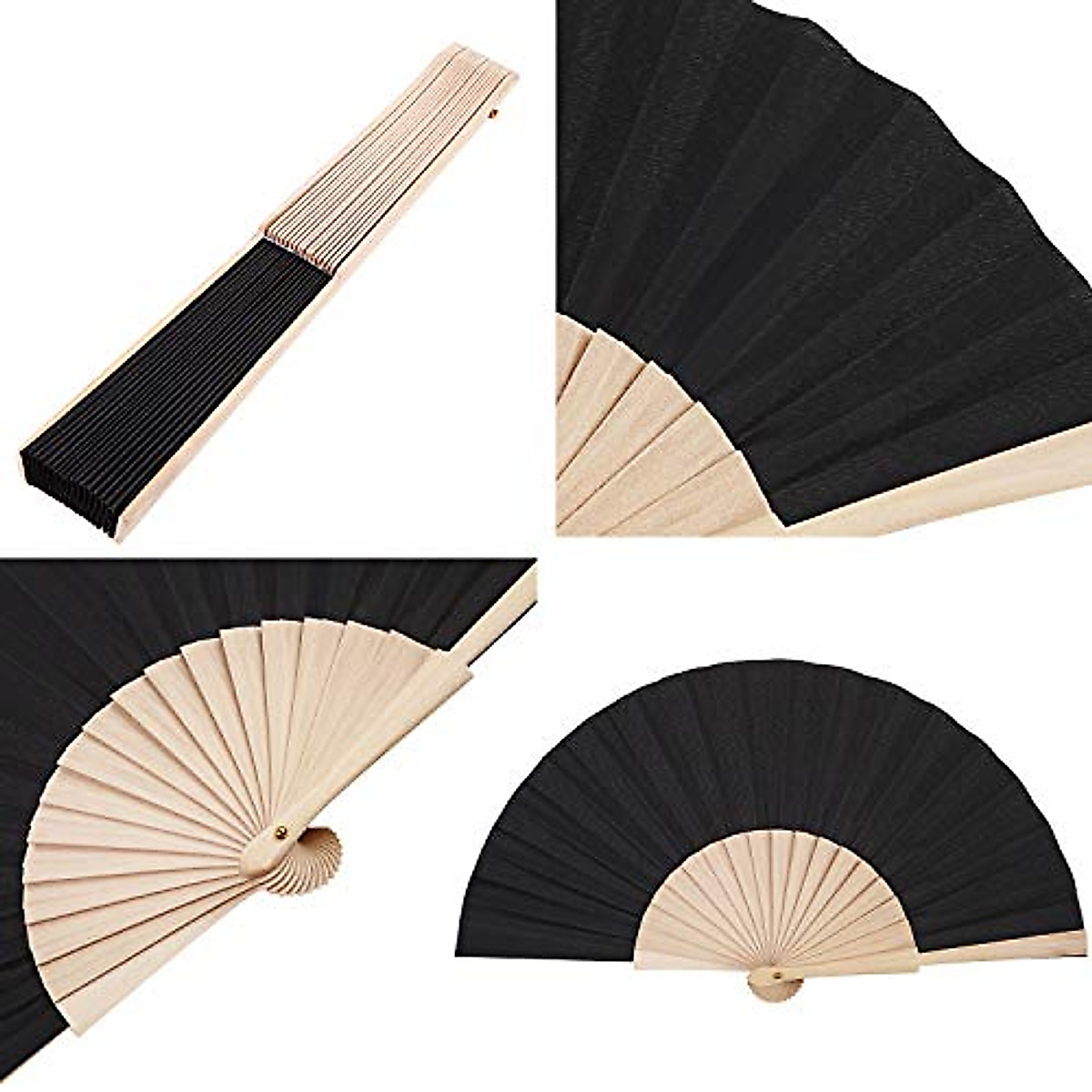 Chuangdi 2 Pieces Wooden Fan Fabric Hand Folding Fans Handheld Fans Craft Fan Decoration Fan Gift Fan with Drawstring Organza Bags for Men Women Girls (Black)