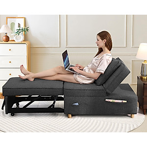 SEJOV Sleeper Sofa Chair Bed,4-in-1 Convertible Sofa Bed Chair with 6 Adjustable Backrest and Pillow, 3-Seat Pull Out Sleeper Bed Linen Fabric Modern for Bedroom Small Space Living Room Office, Black