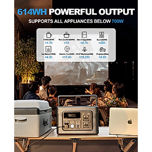 Powdeom 700W Portable Power Station with AC Outlet, 614Wh LiFePO4 Battery Backup Power Supply, 500W AC Input Recharge 0-80% Within 1 Hour for Camping, Outdoors, Off-grid Life