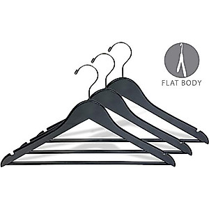 Black Rubberized Wooden Suit Hangers with Solid Wood Bar, Flat Rubber Coated Hangers with Chrome Swivel Hook & Notches (Set of 50) by The Great American Hanger Company