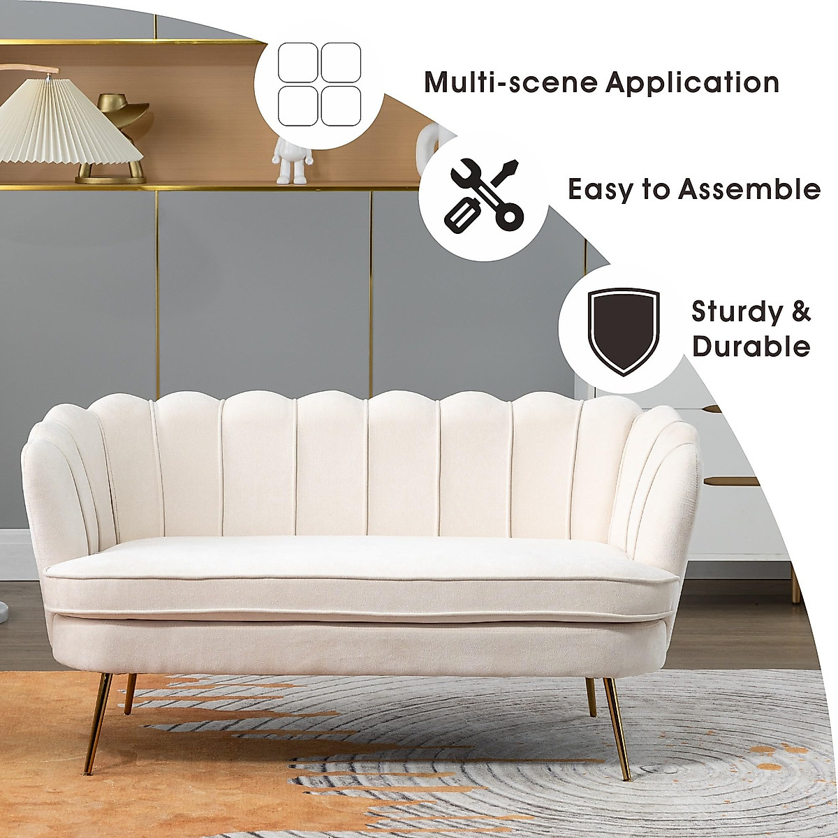 Sinzho & Wiyfun 59" W Upholstered Small Loveseat Sofa 2-Seat Couch Settee Love Seat with Gold Metal Legs for Small Space Mini Room, Chenille Fabric, Beige