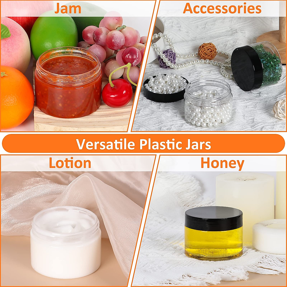 4oz Plastic Containers with Lids 48Pack, Jaisie.W Clear 4 oz Plastic Jars with Lids&Labels- Refillable Cosmetic Small Containers with Black Screw Lid/Slime Containers (4 fl.oz, 48Pack)