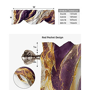Sabolny Marble Purple Tie Up Valance Curtain for Kitchen Living Room Bedroom Bathroom Cafe, Rod Pocket Small Short Window Drape Panel Adjustable Drapary Print, Abstract Gold White Modern Art 54"x18"