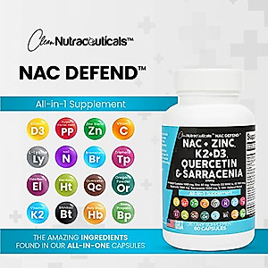 NAC Supplement N-Acetyl Cysteine 1000mg Vitamin D3 K2 Zinc Quercetin 1000mg Sarracenia Purpurea 1000mg with Elderberry Holy Basil Bee Propolis Bromelain L-Lysine Made in USA - 60 Count