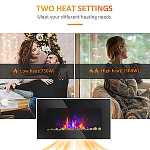 HOMCOM 28.5" 1500W Electric Wall-Mounted Fireplace with Flame Effect, 7 Color Background Light, Black