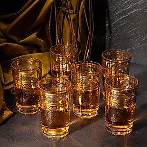 The Wine Savant Gold Moroccan Glasses Artisan Hand-Made Multipurpose 220 ml 7.5 oz Tea and Wine Morrocan Tumbler Marrakech & Casablanca Tea Cups Set of 6