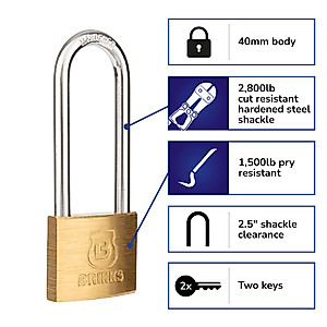 BRINKS - 40mm Solid Brass Keyed Padlock with 2.5” Shackle Clearance, 2-Pack - Chrome Plated with Hardened Steel Shackle, (171-42201)