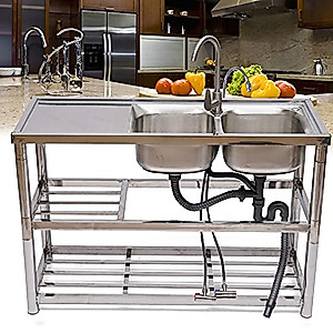 CNCEST Double Bowl Commercial Catering Sink, Catering Kitchen Stainless Steel Sink Double Storage Vanity Basin with Hot And Cold Faucet 2 Drainer for Kitchen Bar Restaurant Dessert Shop