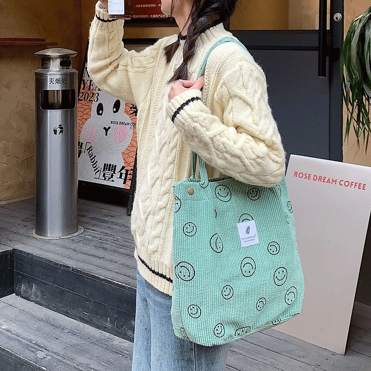 JARKJARD Corduroy Tote Bag Aesthetic Cute Tote Bags Large School Shoulder Bags for Teen Girls Trendy Stuff(Green)