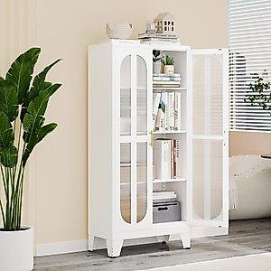 pozdeg Metal Storage Cabinet, Kitchen Pantry Cabinet with 2 Cross Door Panels and 3 Adjustable Shelves, Versatile Storage Pantry for Living Room Office Laundry Dining Room or Outdoor (White)
