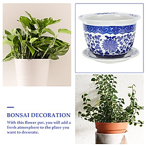 GANAZONO Ceramic Planter Blue and White Planter Flower Pots with Tray Porcelain Bonsai Pot Plant Container Planter for Home Office